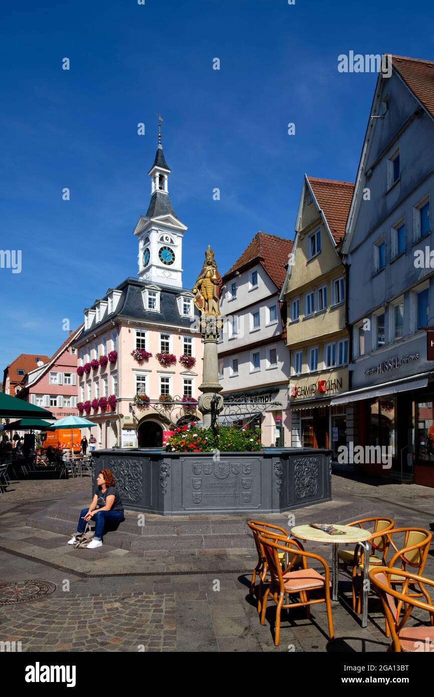 Market square in Aalen: market fountain with statue Joseph I. historic ...