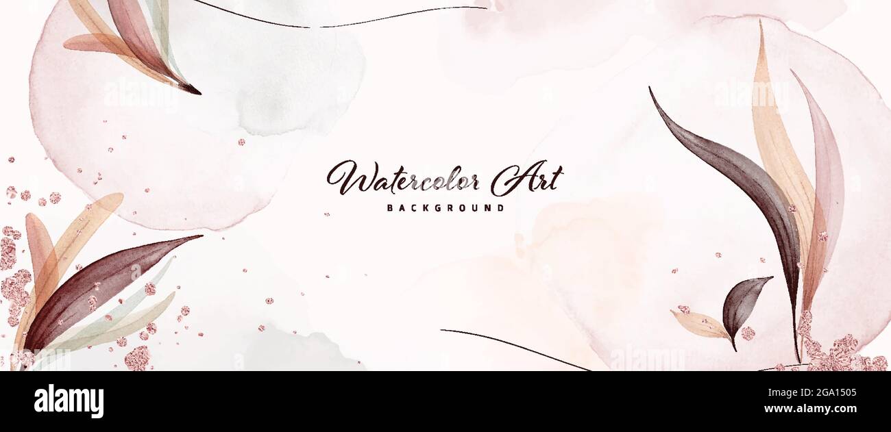 Abstract art watercolor with leaves and pink gold drops for nature ...