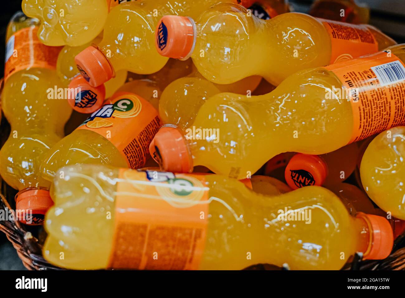 Istanbul, Turkey - November 6, 2019. A lot of Fanta soda water in a ...