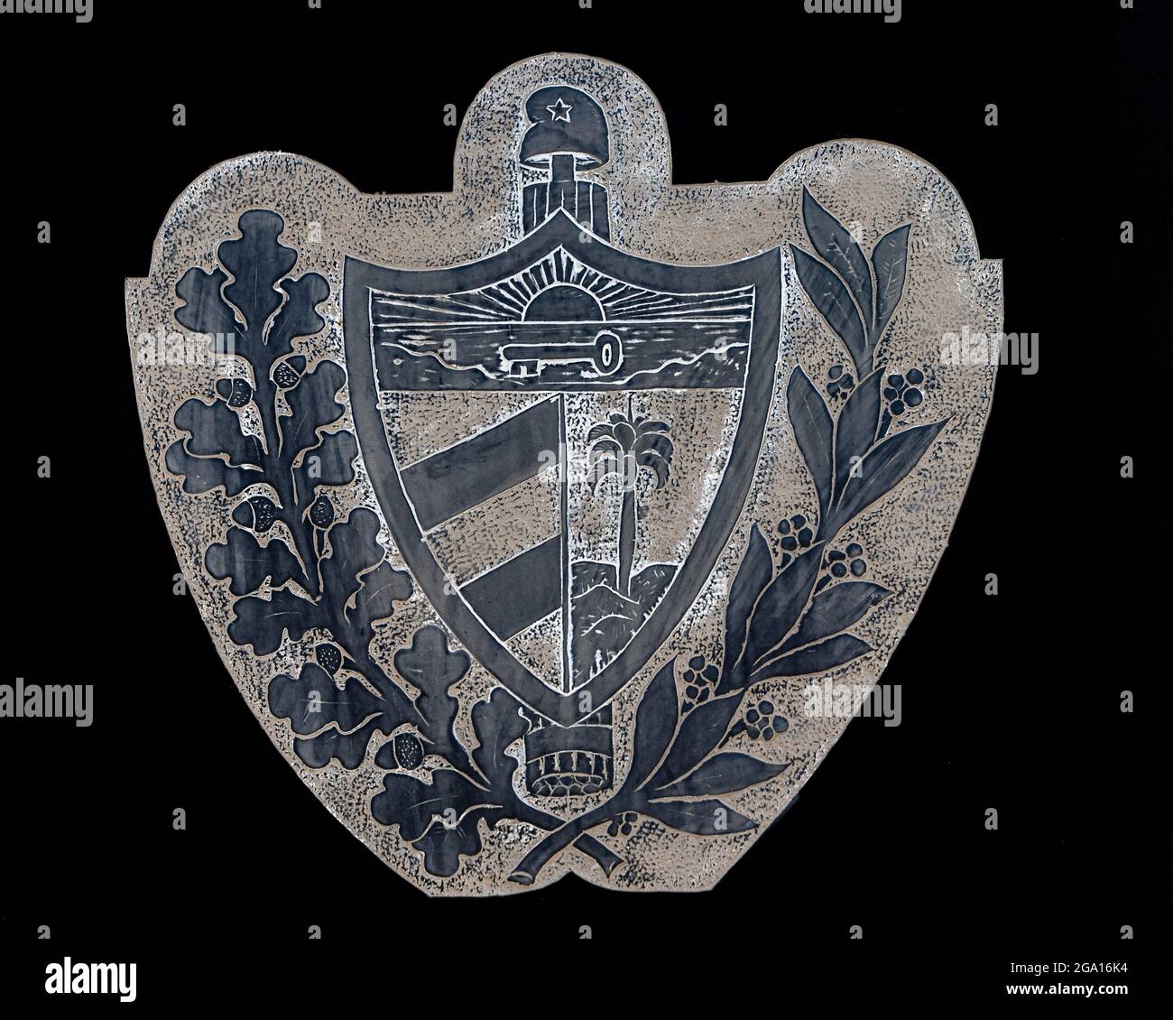 Cuban coat of arms, relief carving structure, Las Tunas City, Cuba ...
