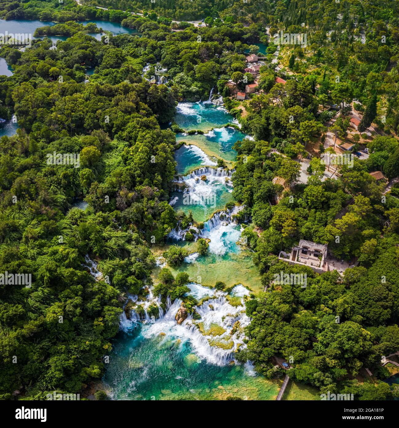 Krka, Croatia - Aerial view of the famous Krka Waterfalls in Krka National Park on a bright ...