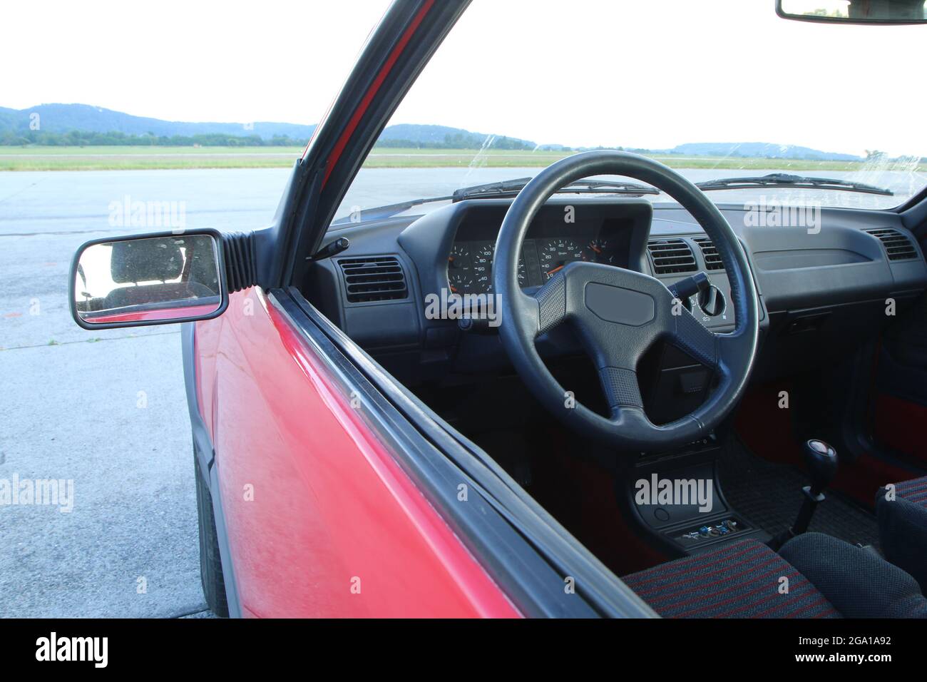 The interior of the classic young timer car from the eighties. The ...