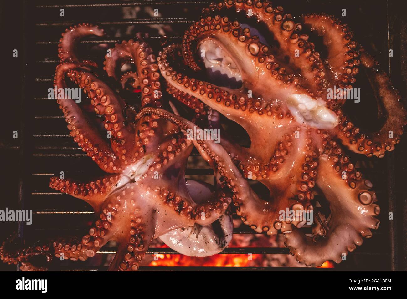 Summer barbecue with octopus in the camping in Puglia Stock Photo - Alamy