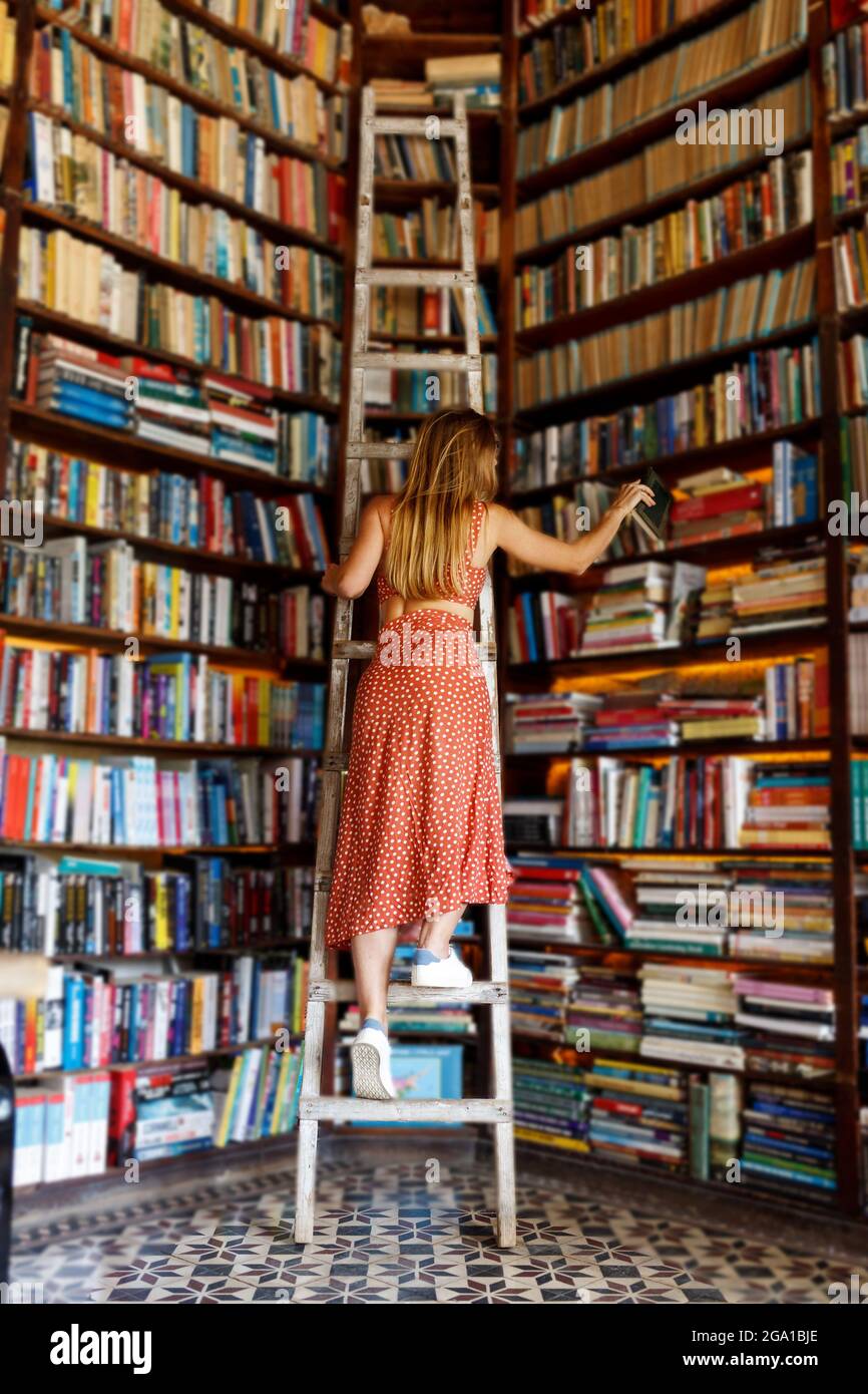 Happy student girl or woman with picking up books in library. Young ...
