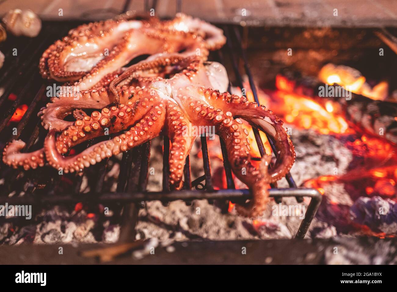Summer barbecue with octopus in the camping in Puglia Stock Photo - Alamy