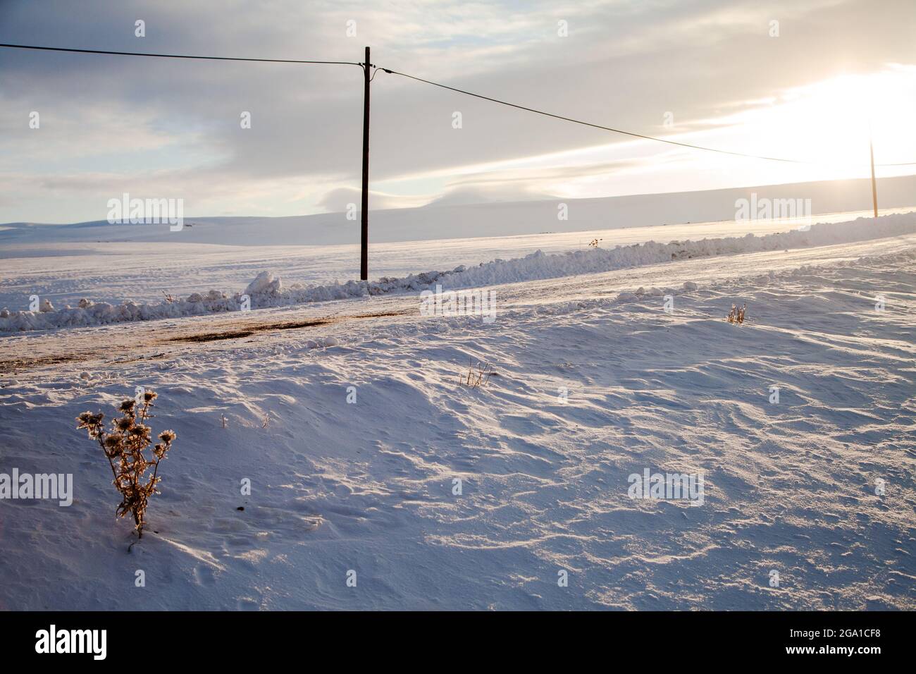 Snowy road landscape, sunset Stock Photo - Alamy