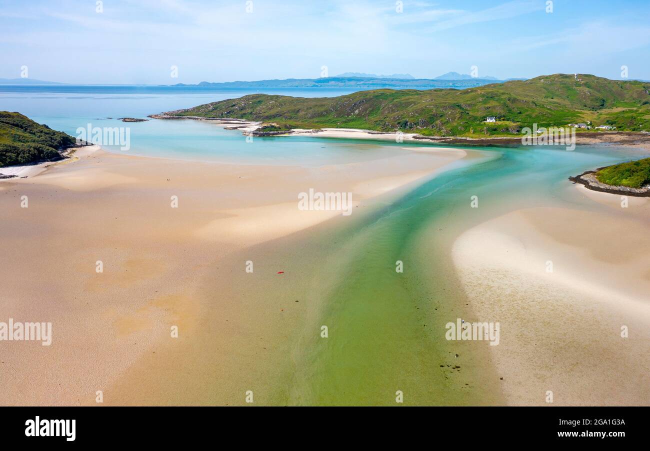 Aerial view from drone of Silver Sands of Morar on the River Morar and ...