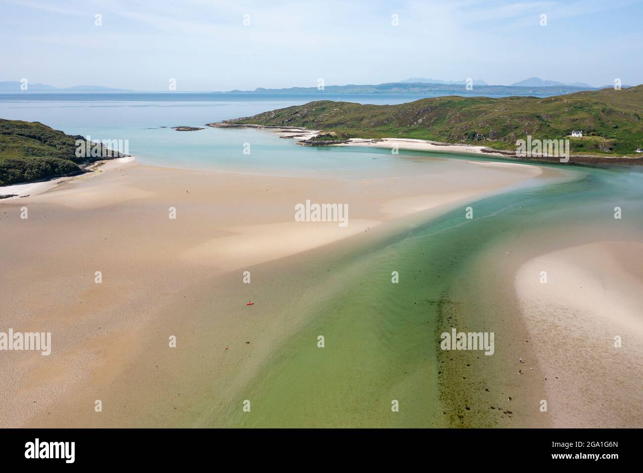 Aerial view from drone of Silver Sands of Morar on the River Morar and ...