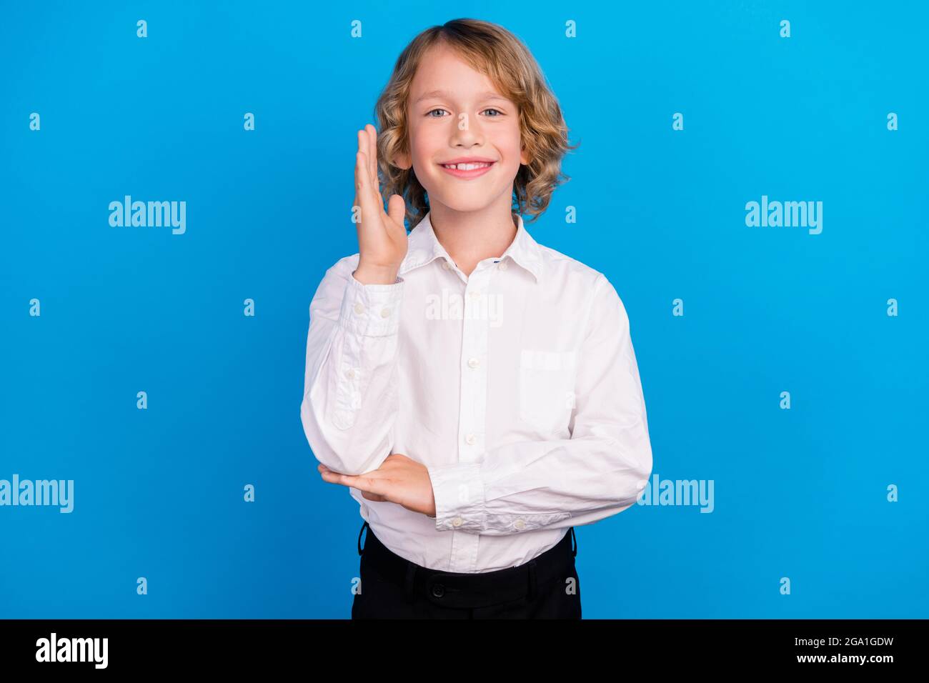 Portrait of attractive cheerful boy rising hand attending lesson ...