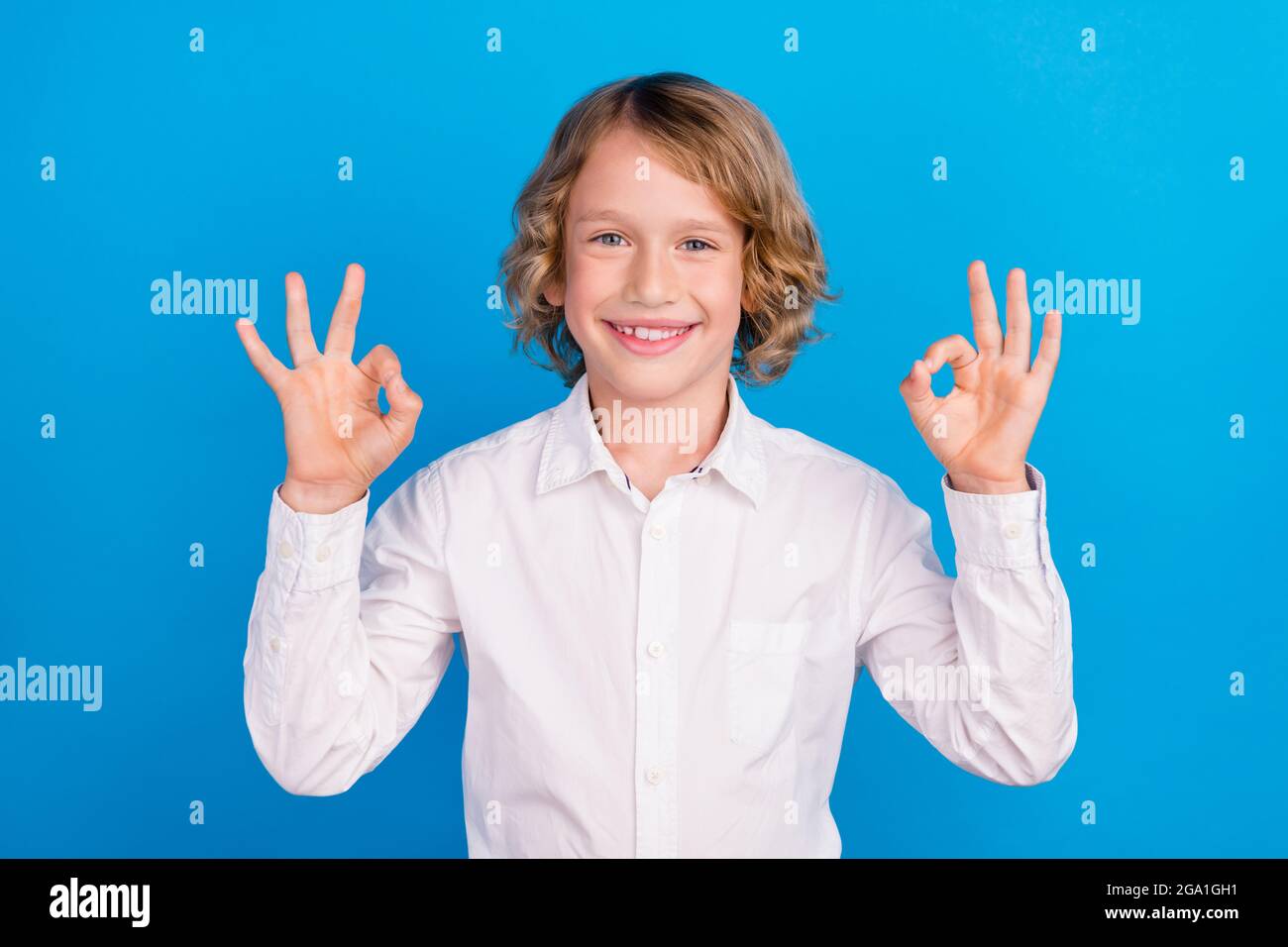 Portrait of attractive cheerful boy showing double ok-sign ad solution ...