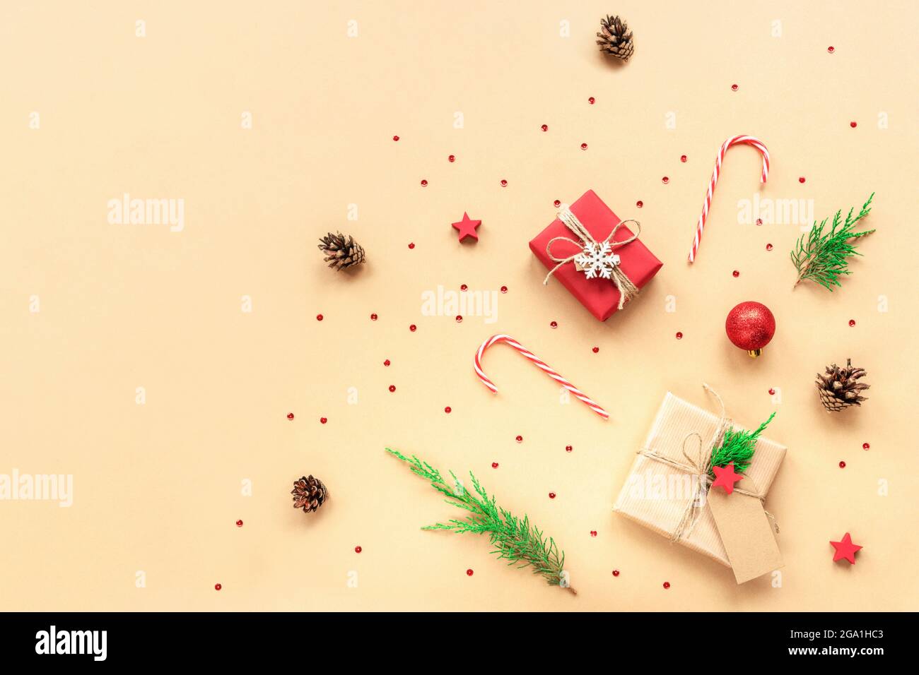 Christmas festive background. Gift boxes, candy canes, Christmas balls ...