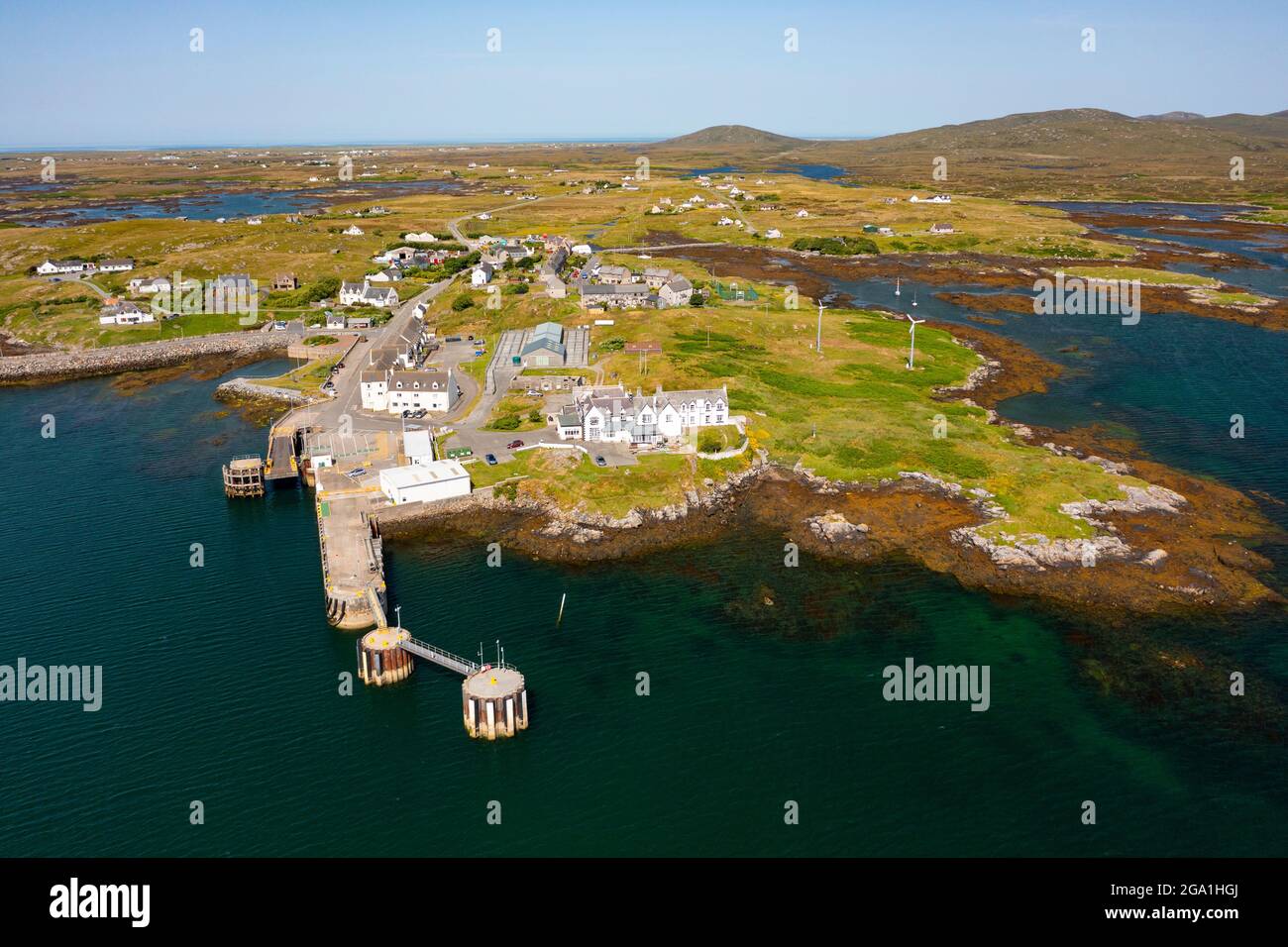 Aerial view from drone of port and village at Lochboisdale on island of ...