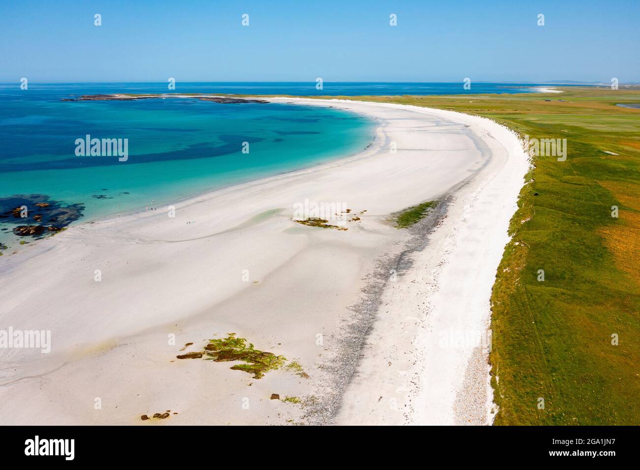 Aerial view from drone of white sands on beach and Machir to rear on ...