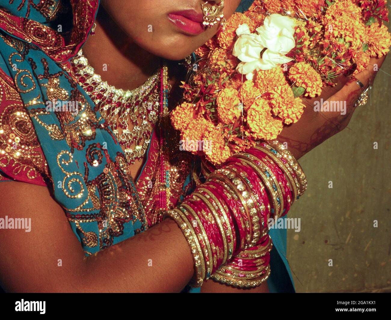 Varanasi, India. Detail of Indian woman wearing jewelry and traditional ...