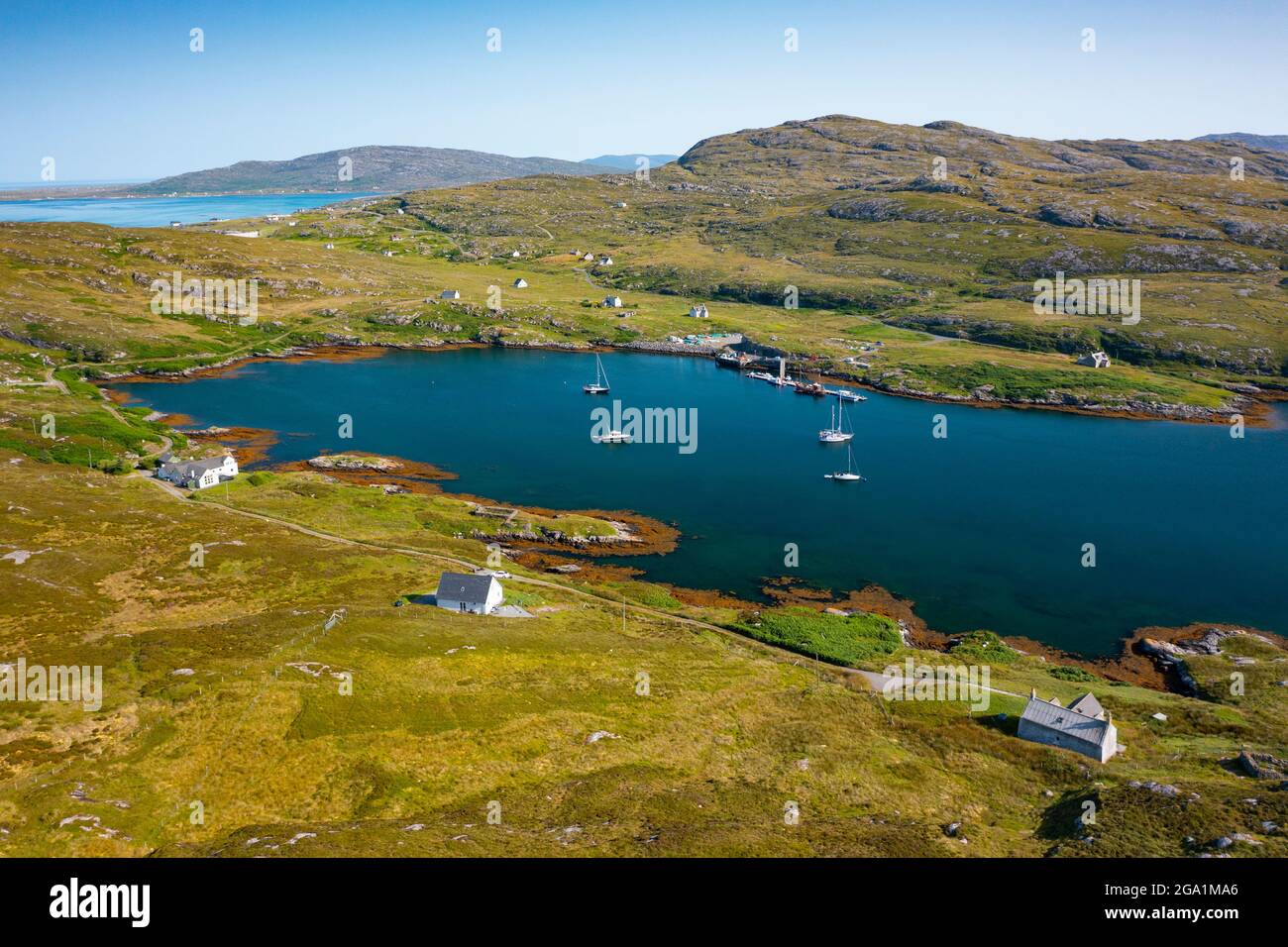 Aerial view from drone of harbour at Acairseid Mhor on island of ...