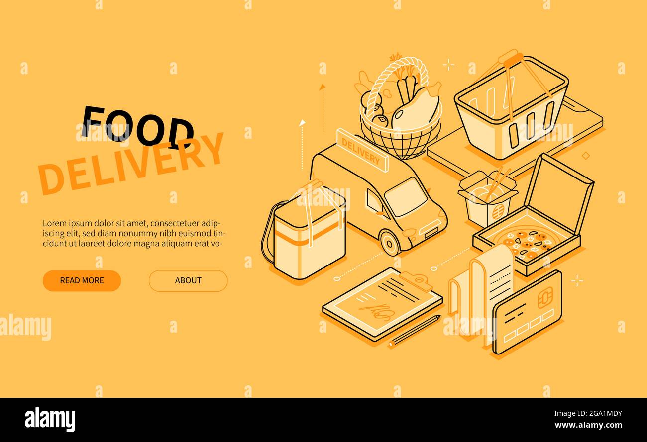 Food delivery - yellow line design style isometric banner. Shopping ...