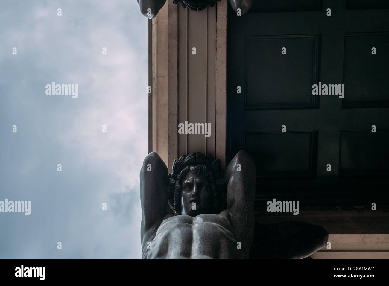 View of the head and face of the Atlantean sculpture, top of the ...