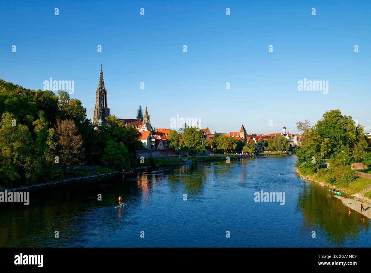 Ulm: view of town with Minster and Danube river, Baden-Württemberg ...