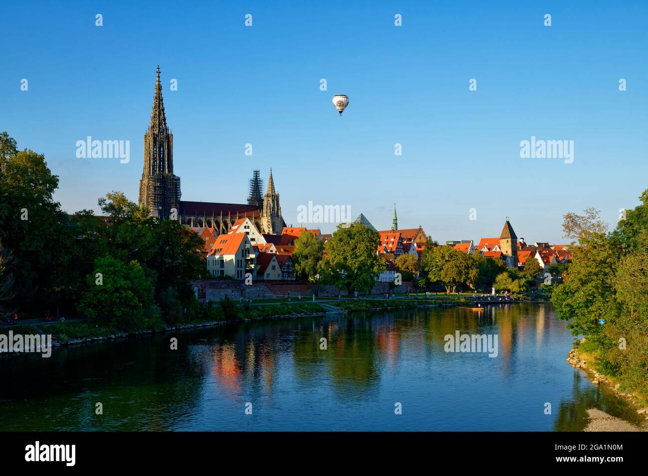 Ulm: view of town with Minster and Danube river, Baden-Württemberg ...