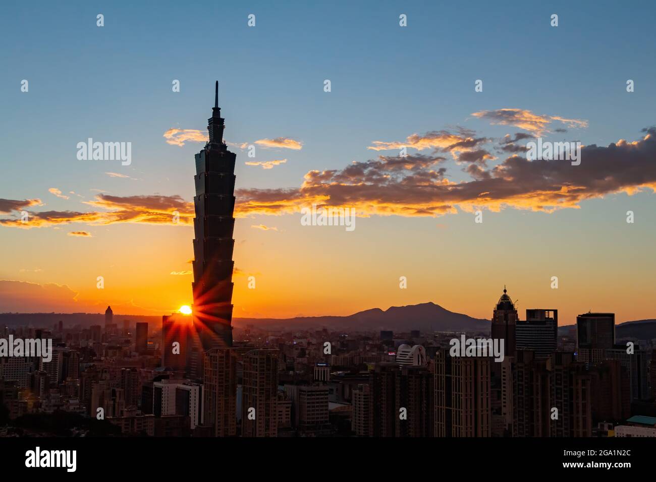 Sunset high angle view of the Xinyi District at Taipei, Taiwan Stock ...