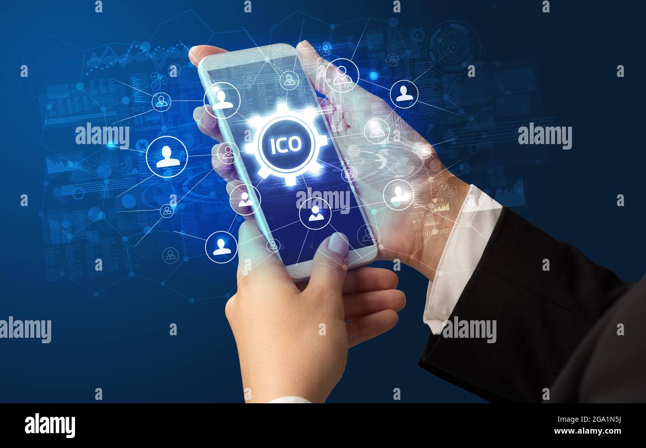 Hand using smartphone with technology concept Stock Photo - Alamy