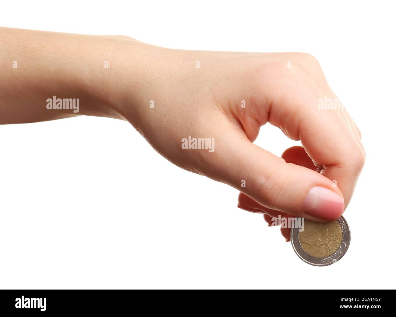 Female hand with coin isolated on white Stock Photo - Alamy