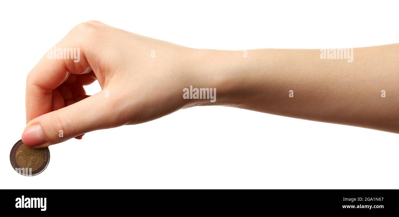 Female hand with coin isolated on white Stock Photo - Alamy