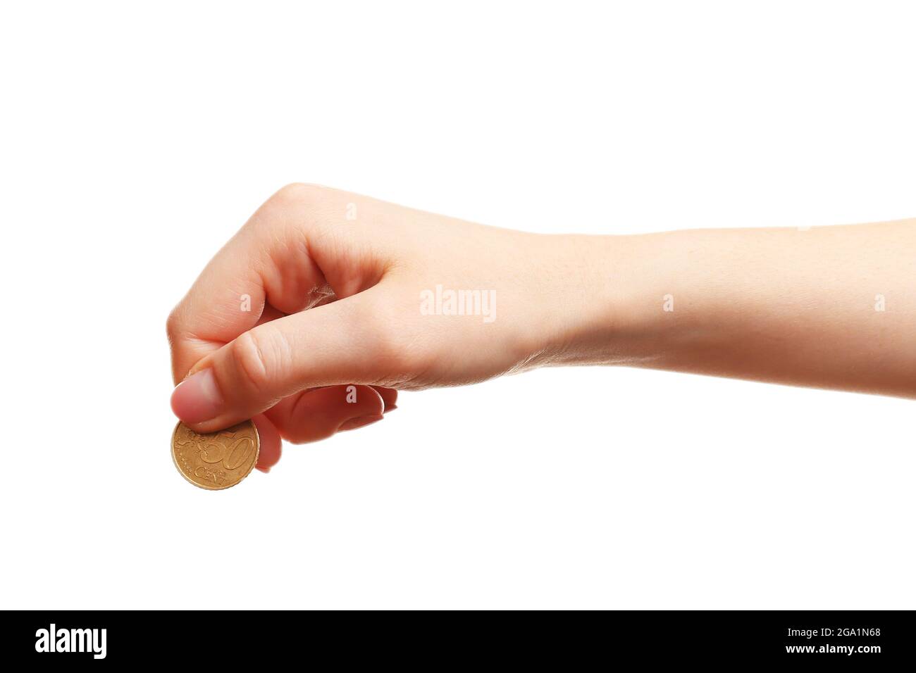 Female hand with coin isolated on white Stock Photo - Alamy