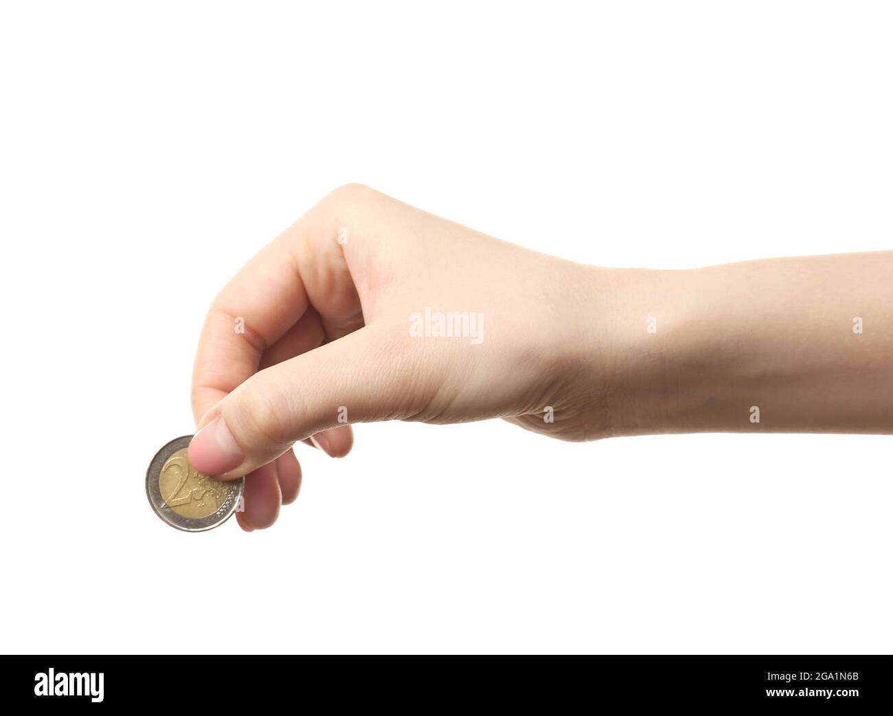 Female hand with coin isolated on white Stock Photo - Alamy