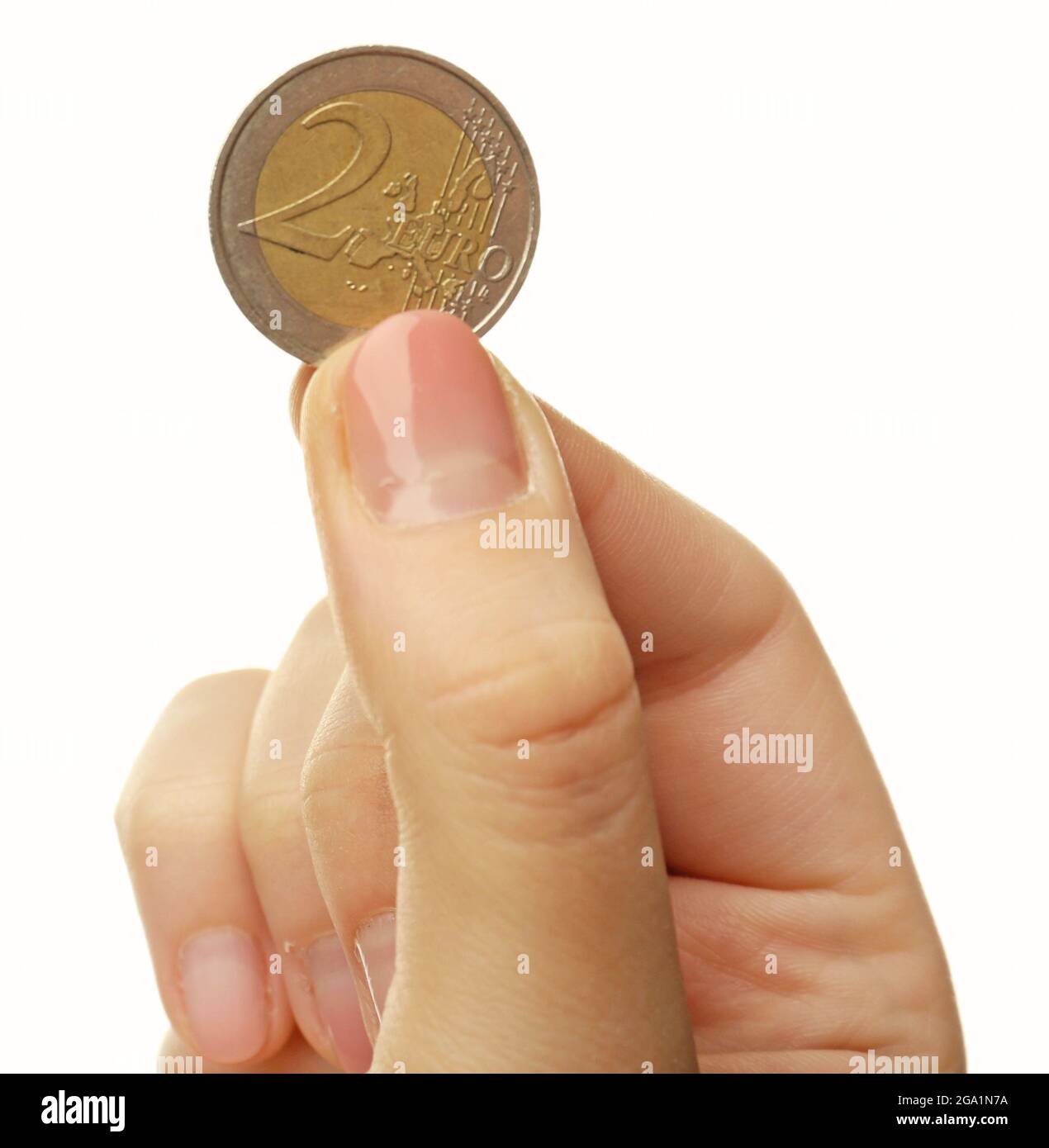 Female hand with coin isolated on white Stock Photo - Alamy
