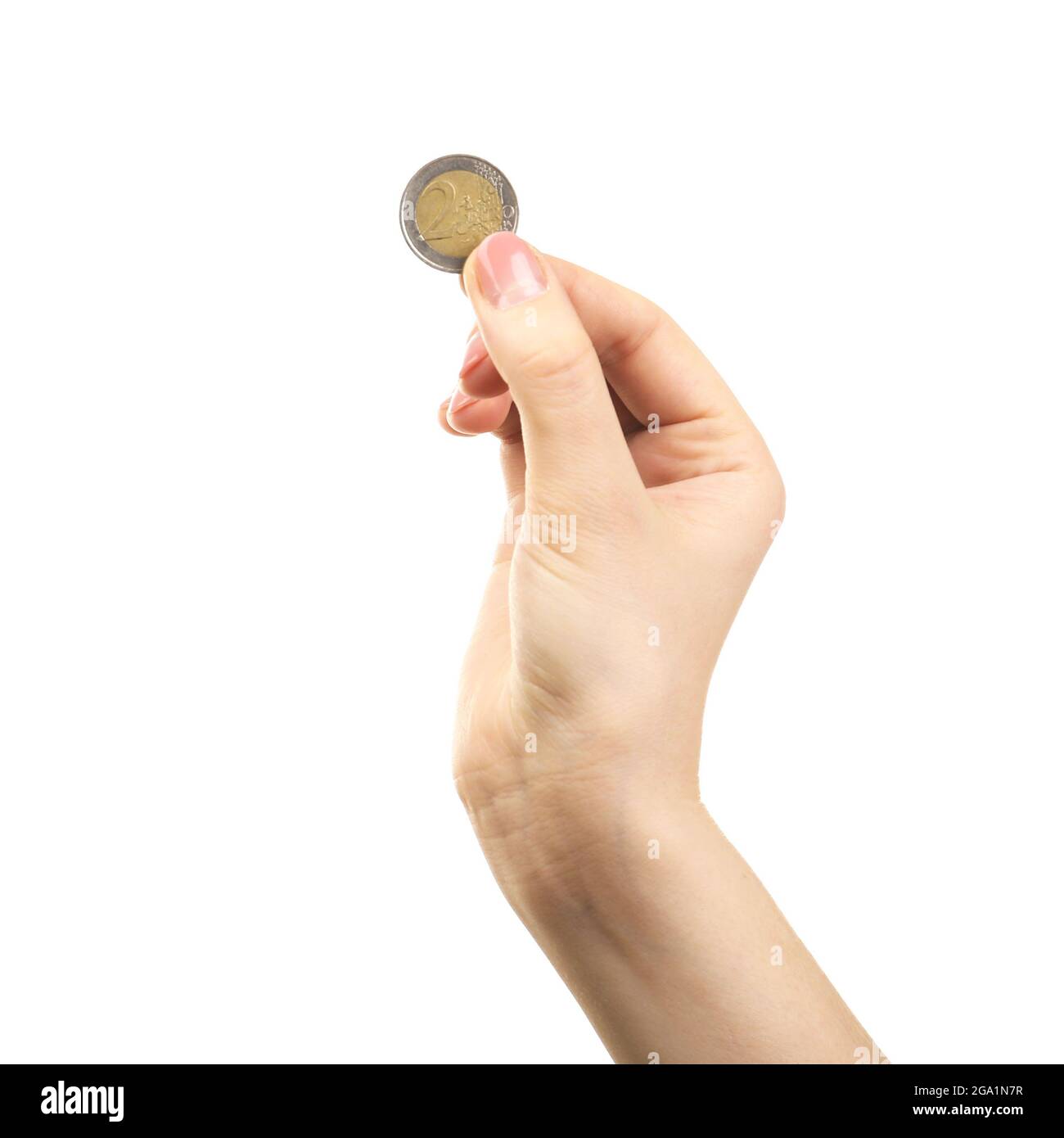 Female hand with coin isolated on white Stock Photo - Alamy
