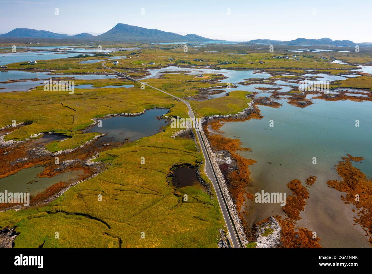 Aerial view from drone of Benbecula road causeways crossing estuaries ...