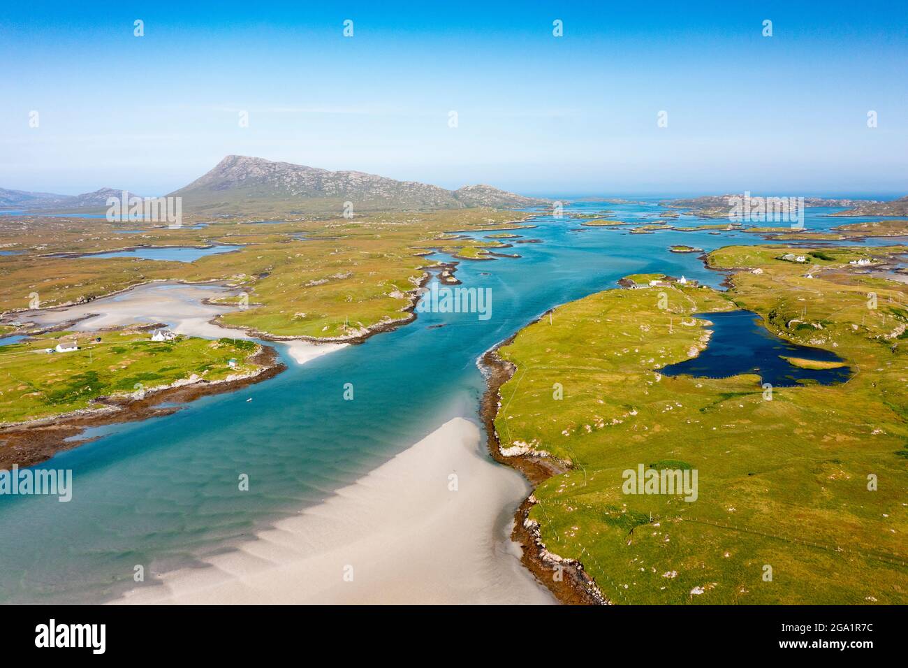 Aerial view from drone of coastal landscape on Benbecula with Eaval ...
