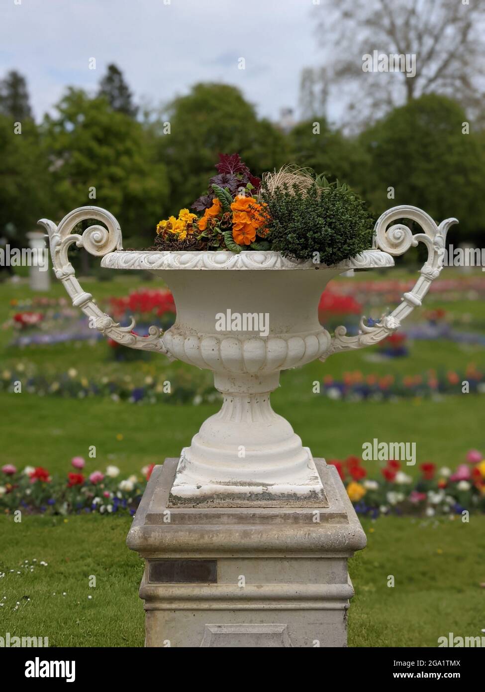 Vertical shot of flowers in a trophy-shaped pot in a garden with a ...