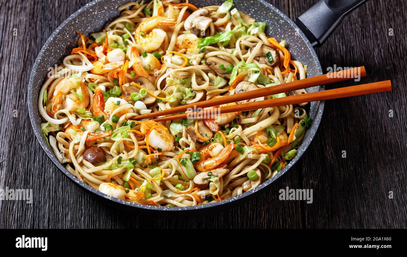 Prawn Yaki Udon, stir fried udon noodles with shrimps, cabbage ...