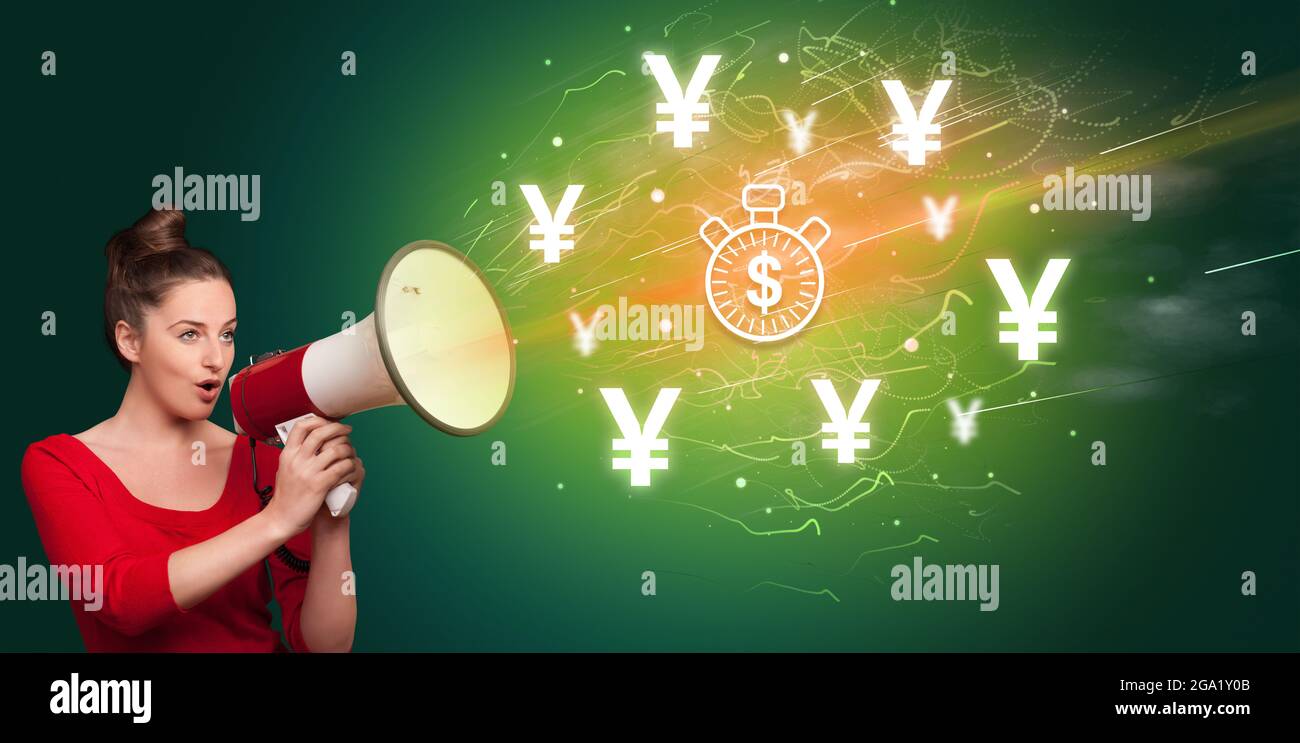 Young person with megaphone and currency icon Stock Photo - Alamy