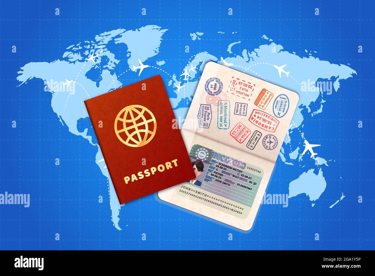 Couple passports with EU visa on world map with airline routes Stock ...