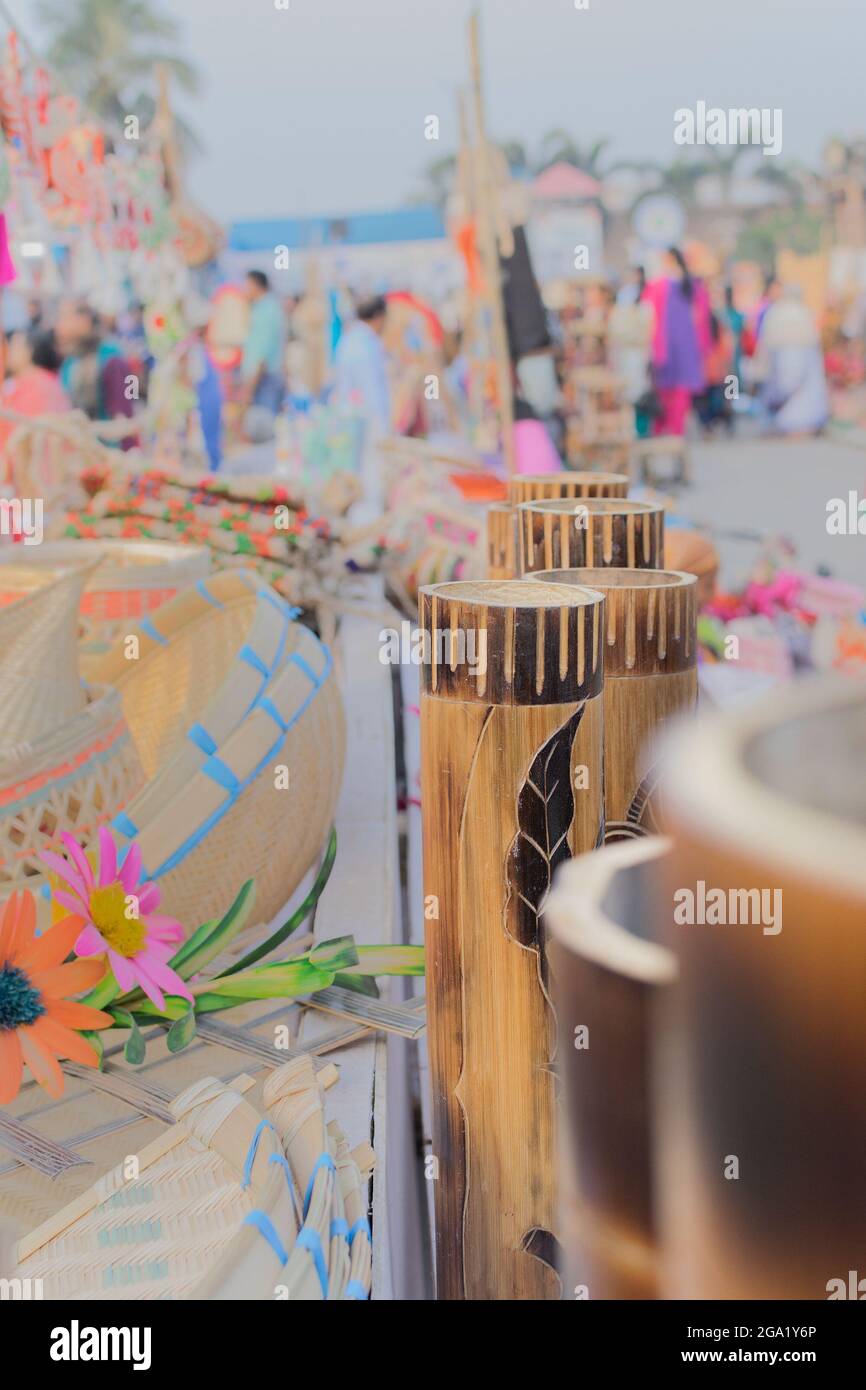 Cane furnitures , flower vase made of cane, handicrafts on display ...