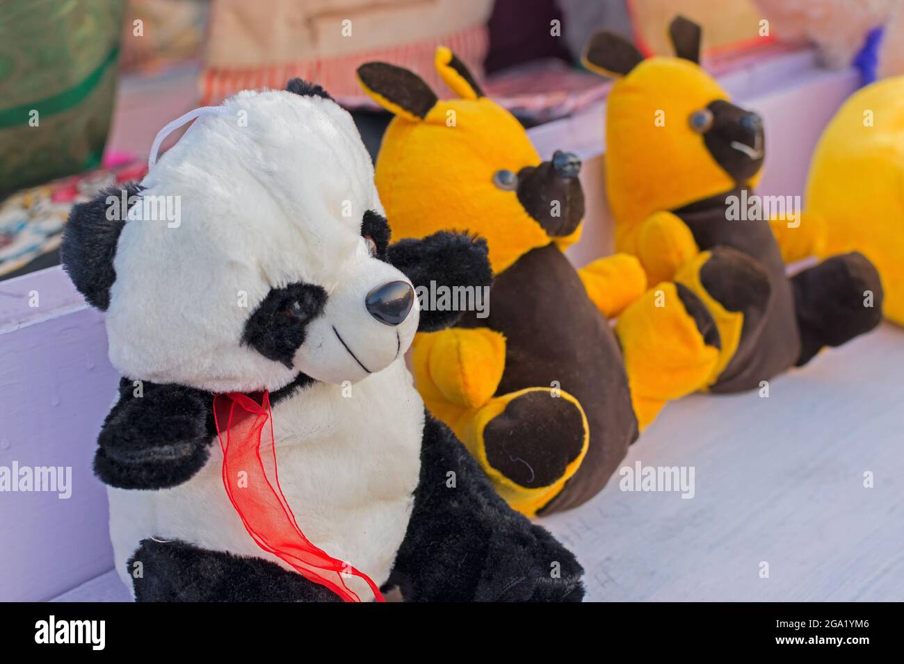 Colourful dolls of bears, cubs of bears, artworks of handicraft, at ...