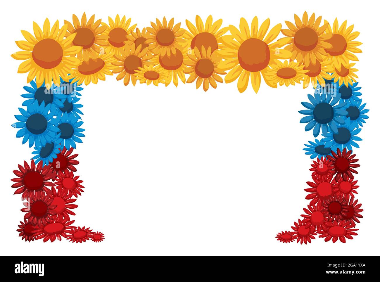 Frame made with flowers in the colors of Colombian flag: yellow, blue ...