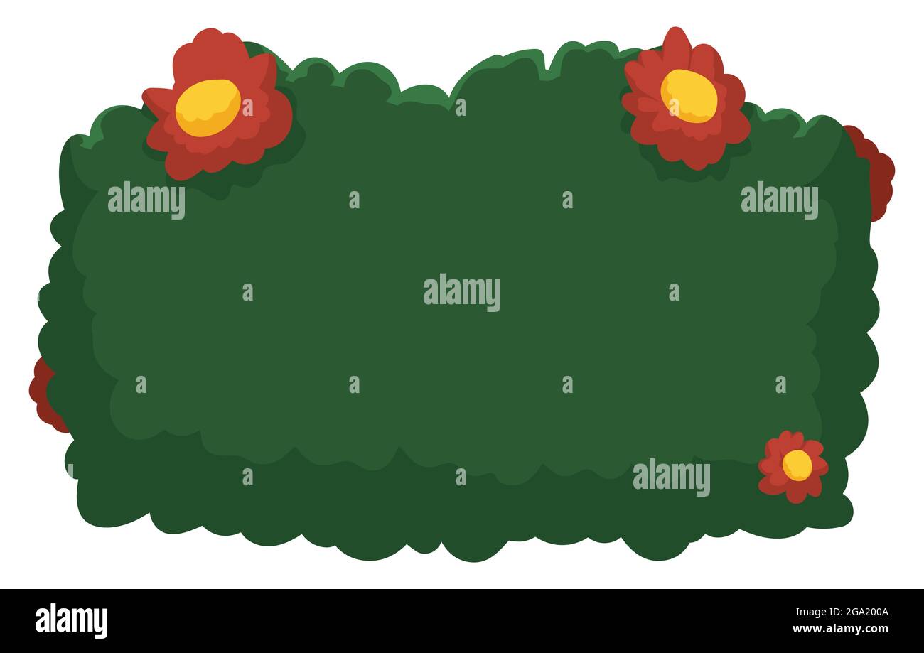 Template with green bush and some red flowers in cartoon style ...