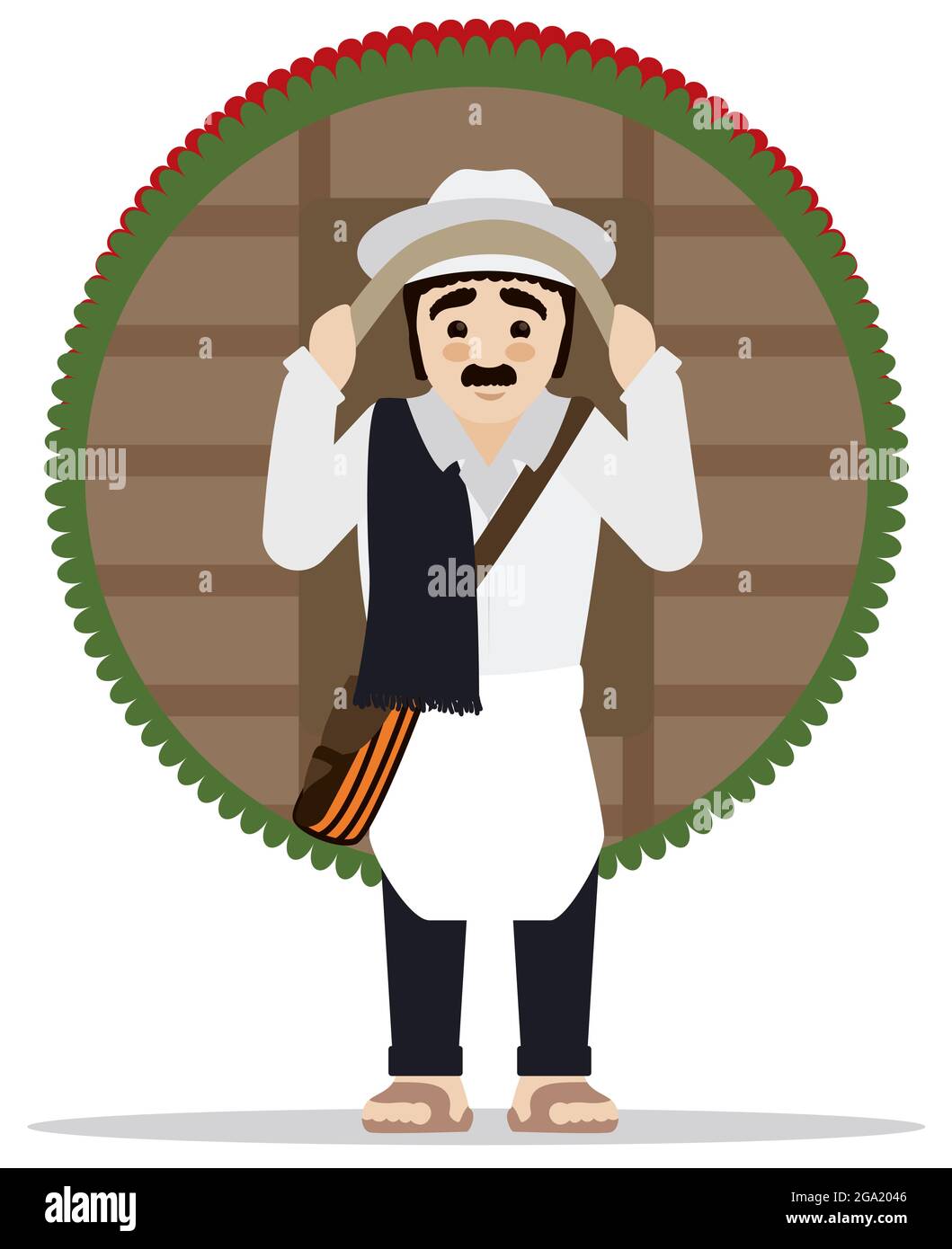 Flat design of a man holding a floral Silleta -called Silletero- and ...