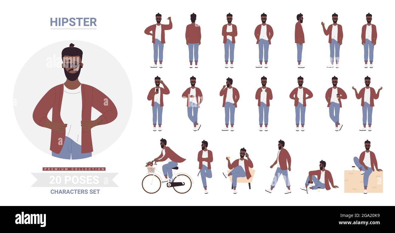 African american black hipster man poses vector illustration set ...