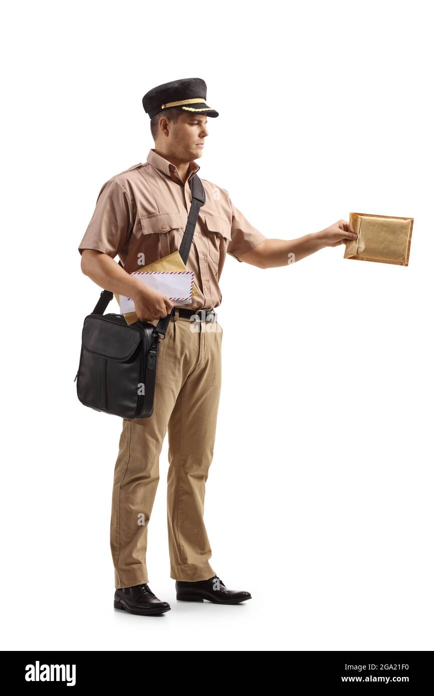 Mailman in a uniform delivering a package isolated on white background ...