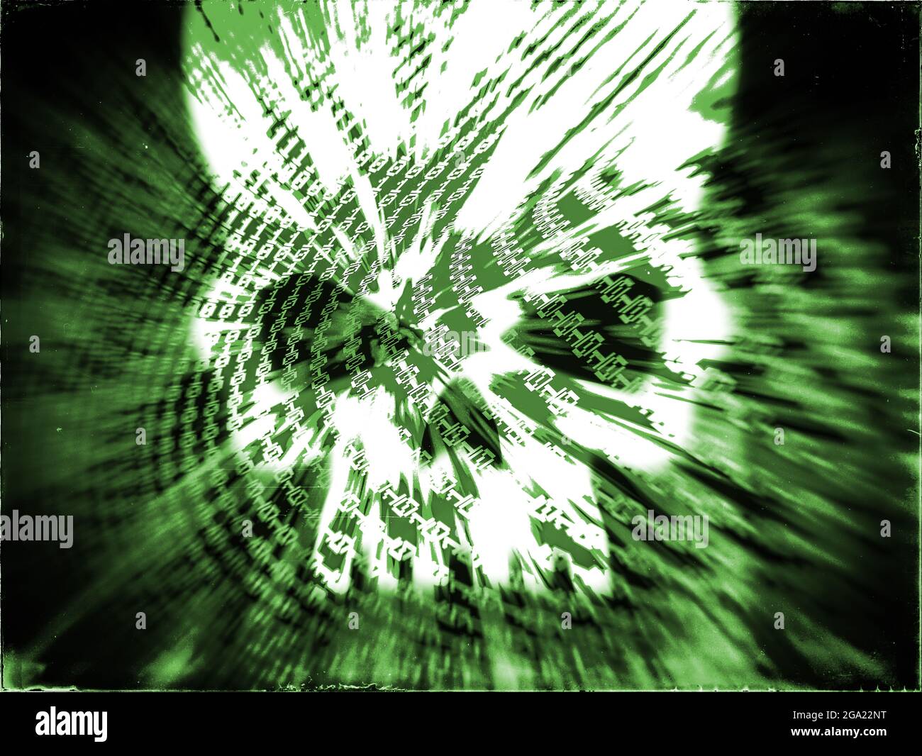 White pirate skull on a binary code green background Stock Photo - Alamy