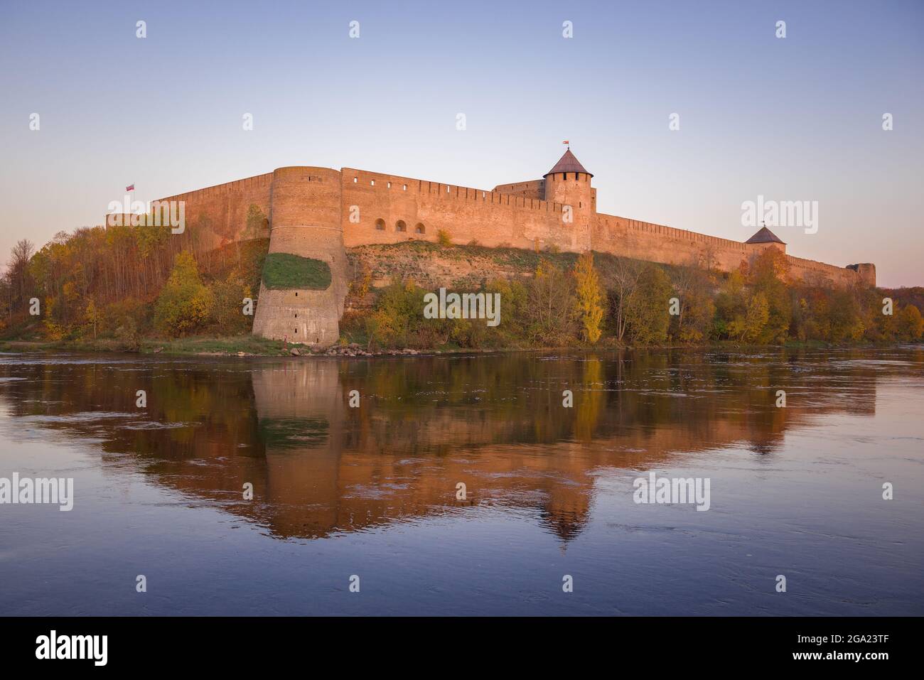 Ancient Ivangorod fortress in October twilight. Leningrad region ...