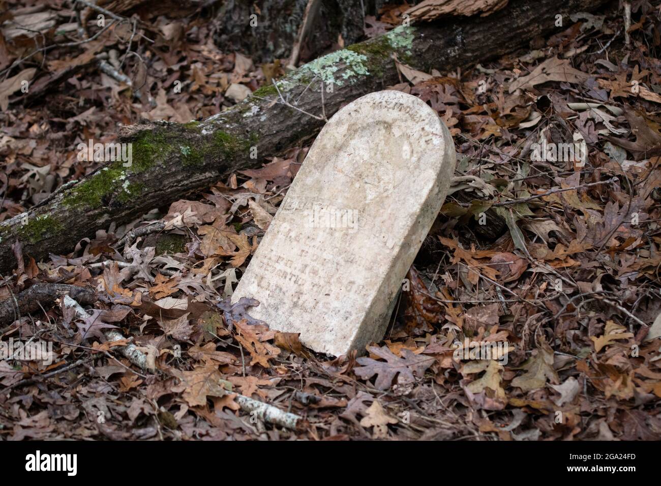 Old 19th century headstone worn with time in an old overgrown cemetery ...