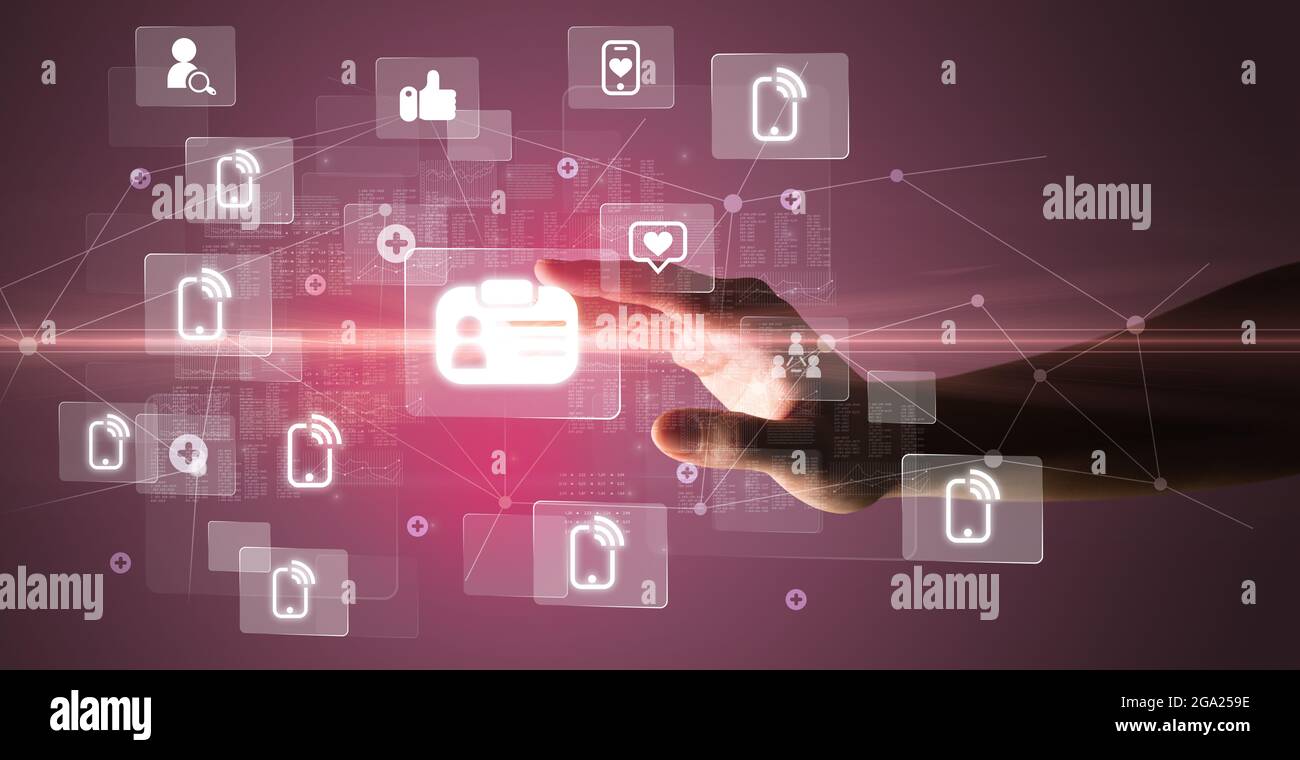 Hand pressing social media multimedia application screen with media ...