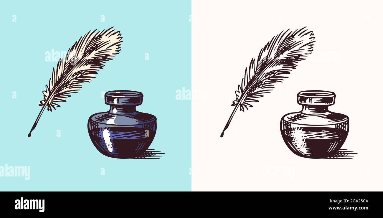 Ink and feather and inkwell in vintage engraved style. Retro vector ...