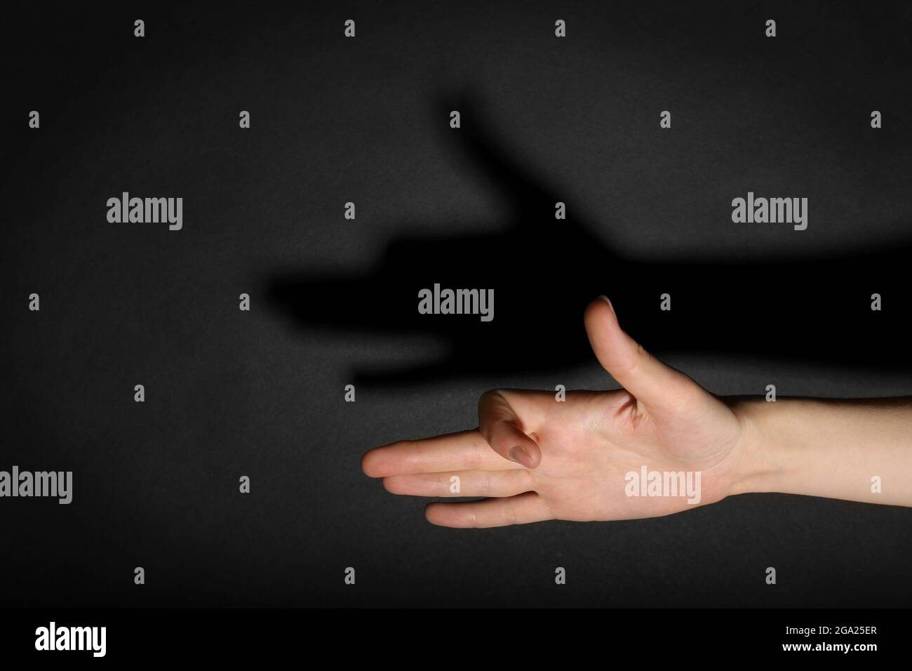 Female hand forming dog face shadow on dark background Stock Photo - Alamy